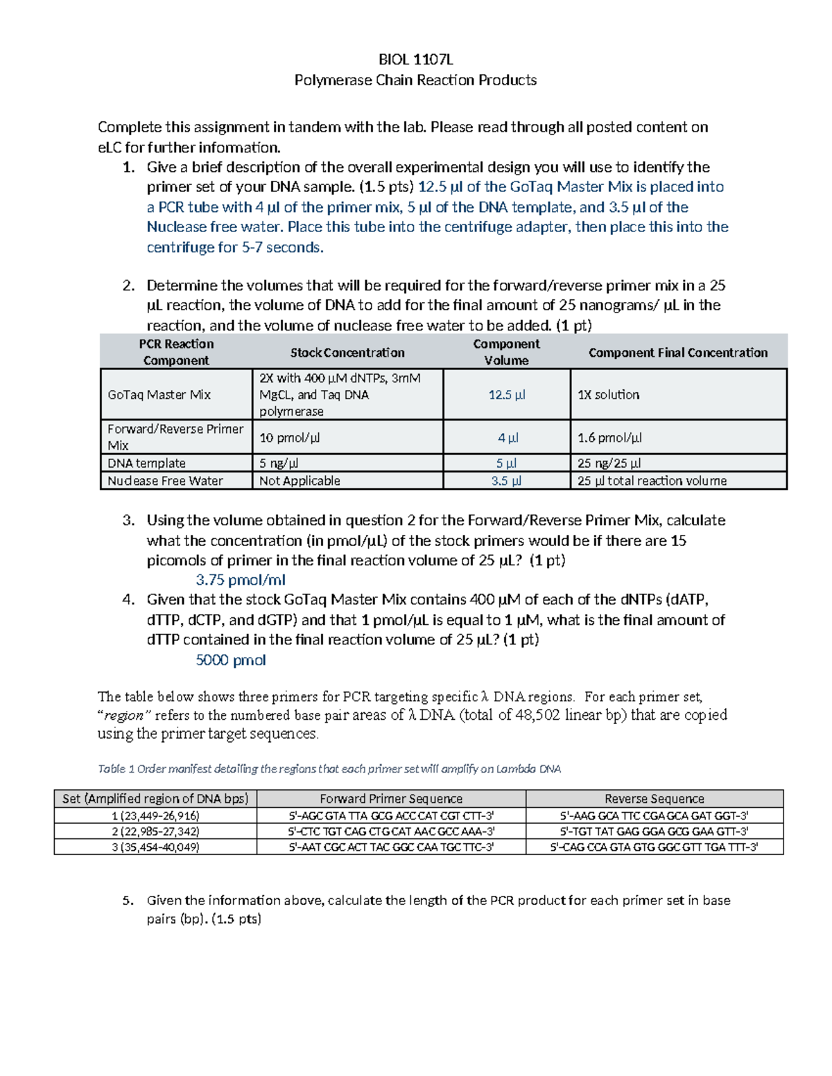 BIOL 1107L - PCR Lab Assignment: Experimental Design & Analysis - Studocu