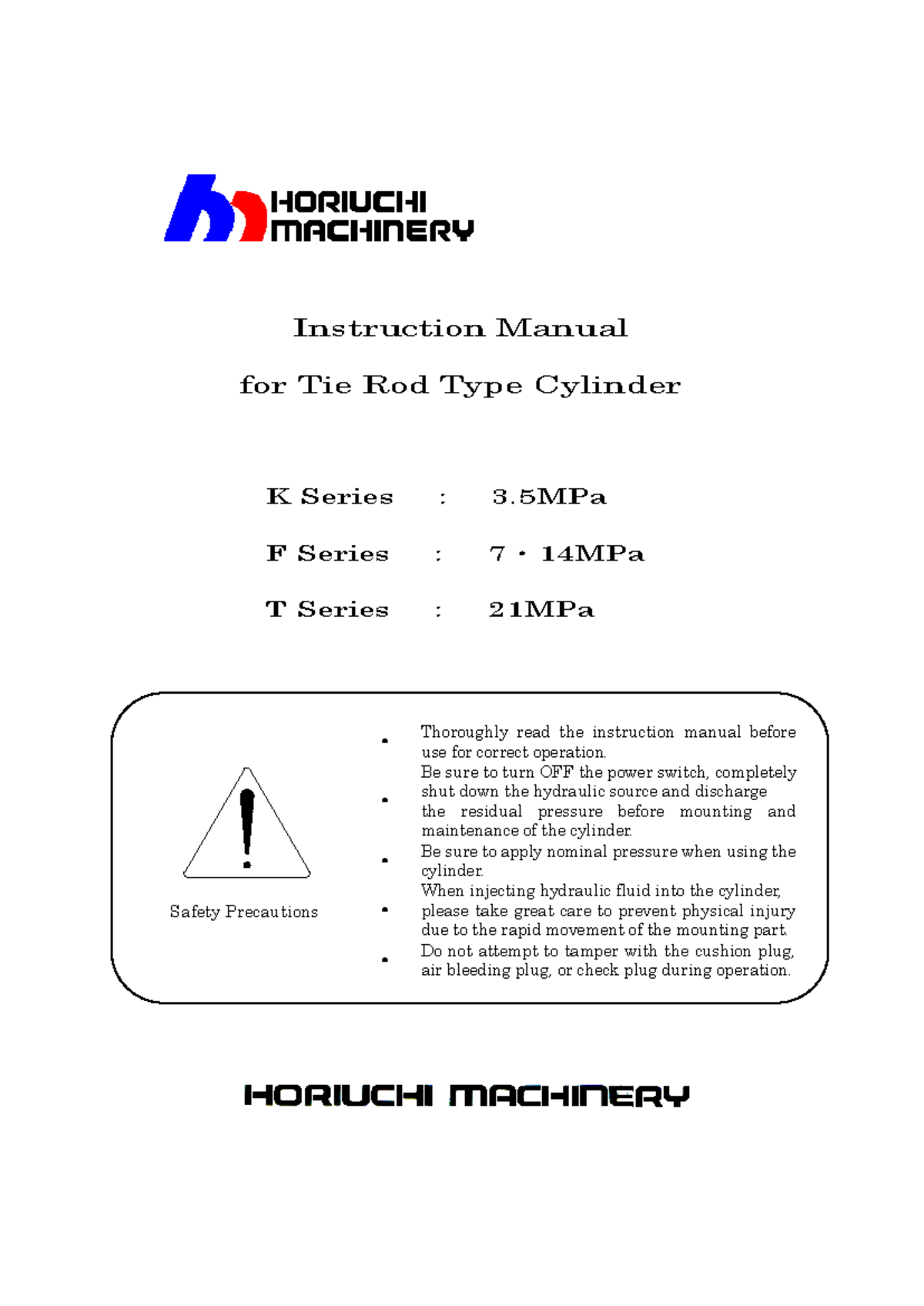 Horiuchi Hydraulic Cylinder Manual: K & F Series Safety & Operation ...