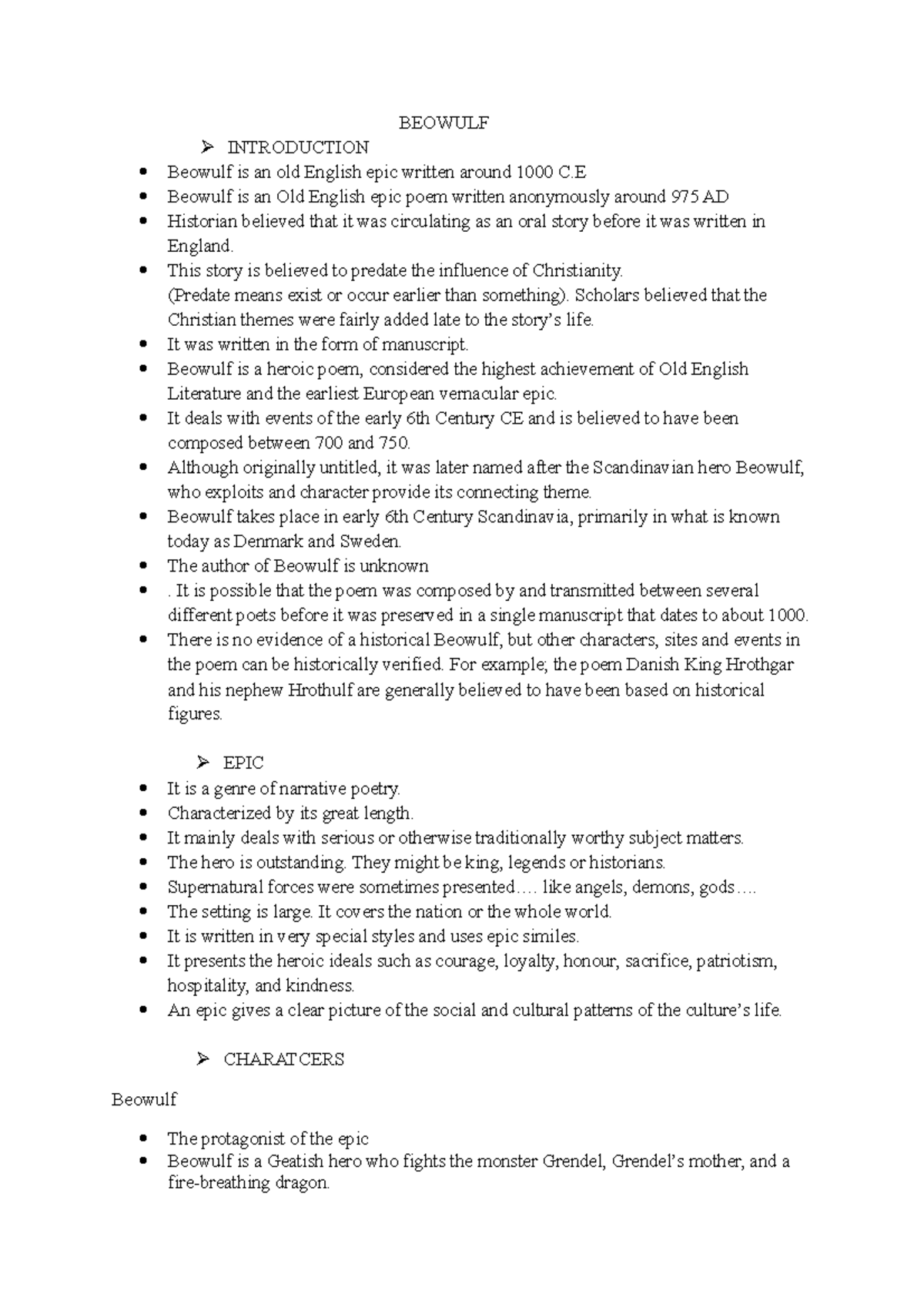Beowulf (ENG 101) Lecture Notes: Epic, Characters & Themes - Studocu