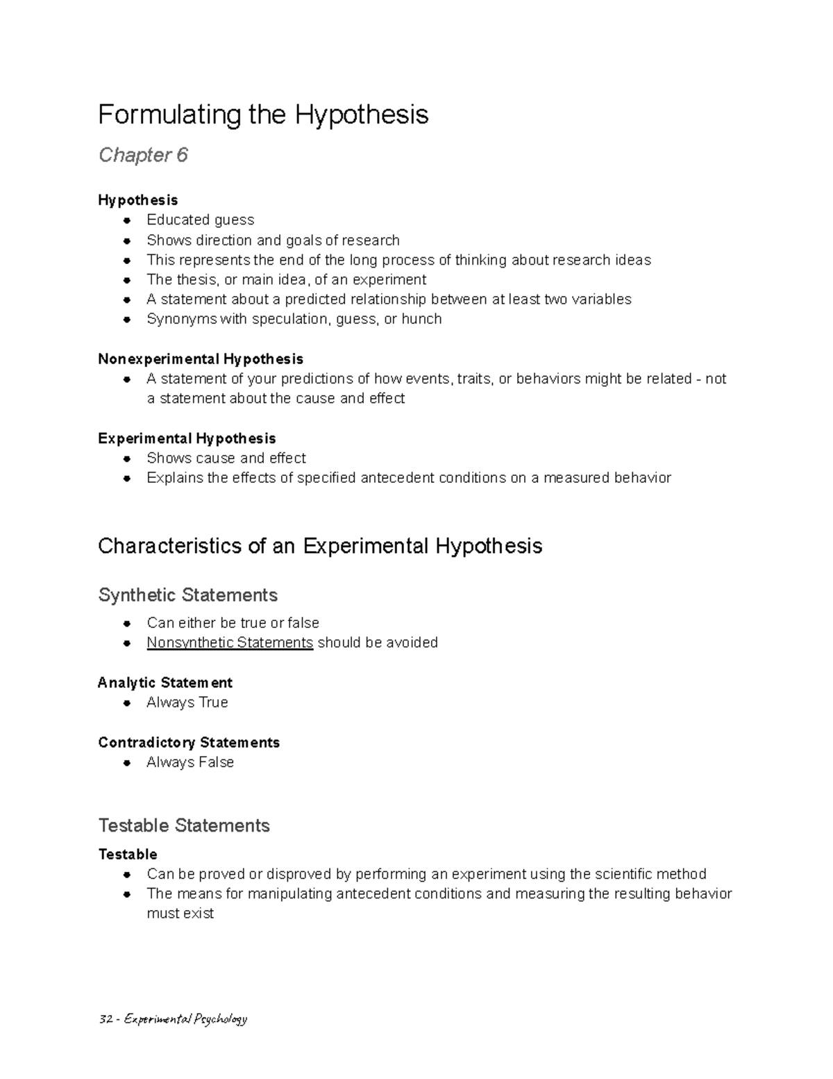 Formulating the Hypothesis: Chapter 6 in Experimental Psychology - Studocu