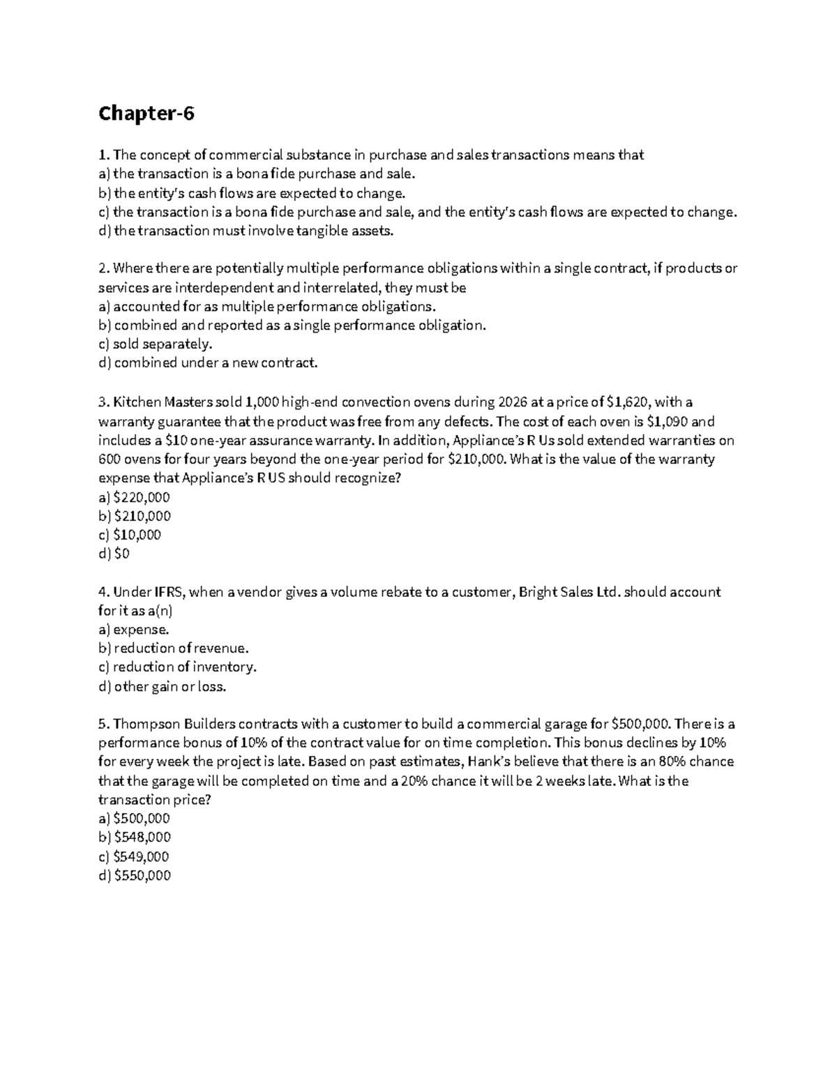 Commercial Substance & Performance Obligations: MCQ Exercises for ACCT ...