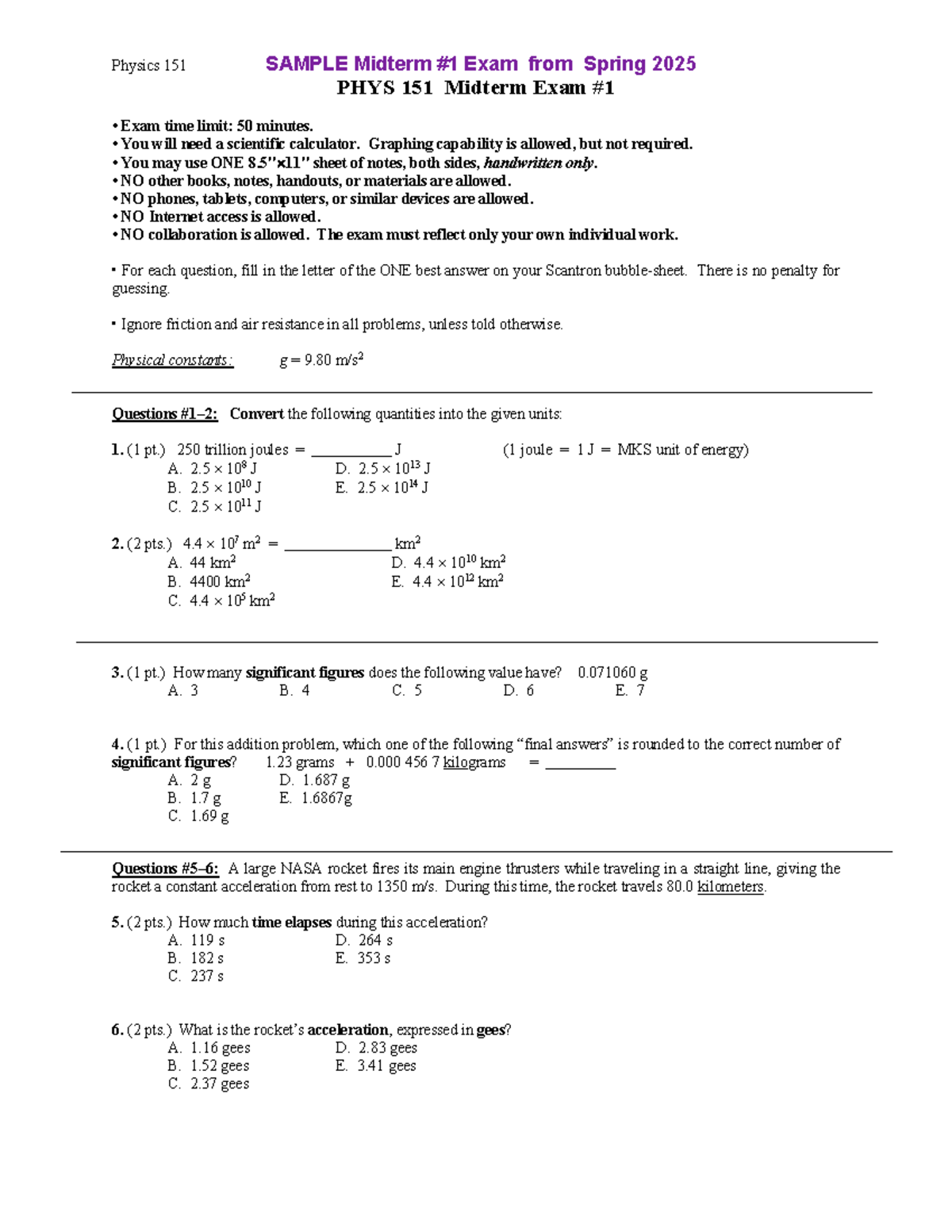 PHYS 151 Sample Midterm Exam Spring 2025 Questions and Guidelines - Studocu