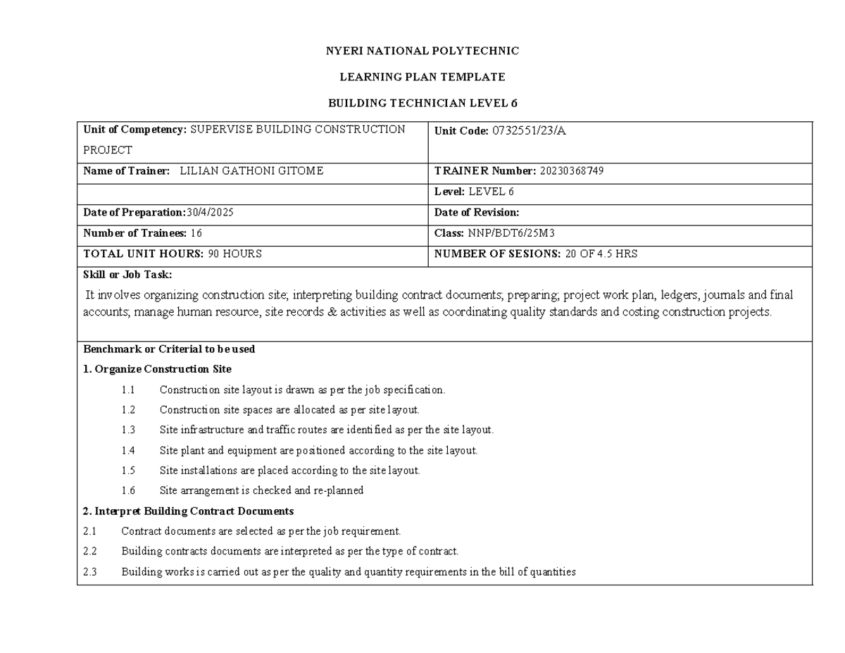 Learning Plan: Supervise Building Construction BDT625M3 - Studocu