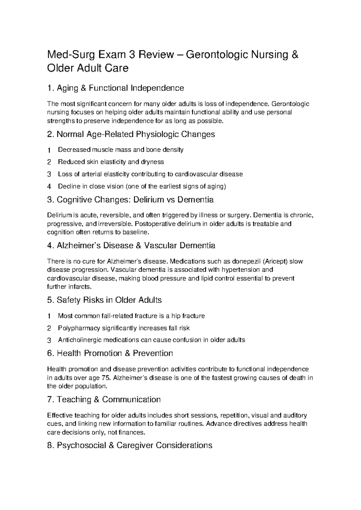 Med Surg Exam 3 Review: Gerontologic Nursing & Older Adult Care - Studocu