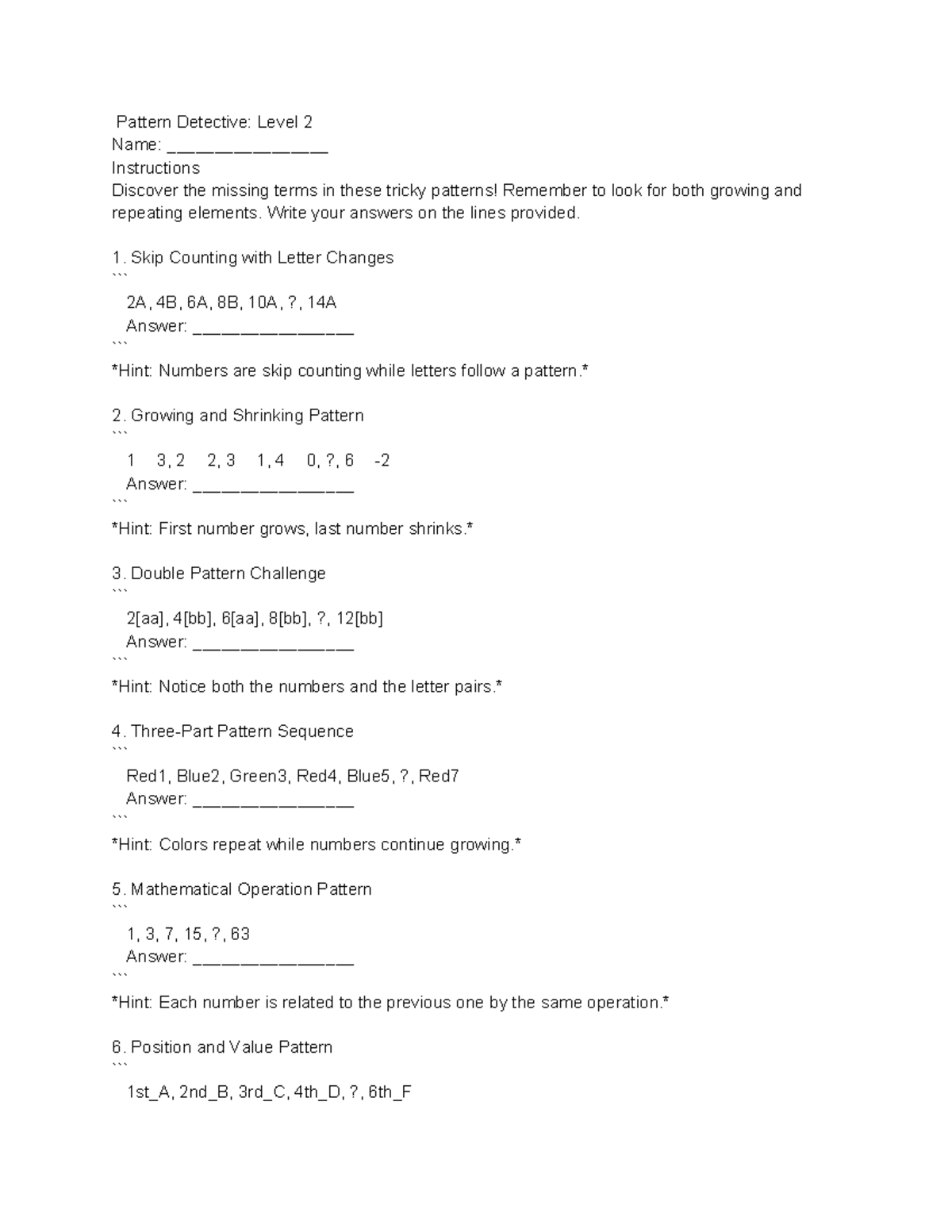 Pattern Detective- Level 2 - Write your answers on the lines provided ...