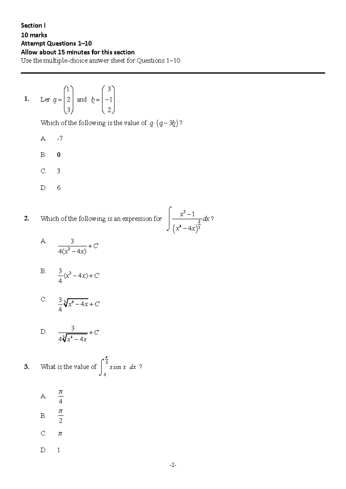 Mathematics Exam Paper: Section I & II (10 & 90 Marks) - Studocu
