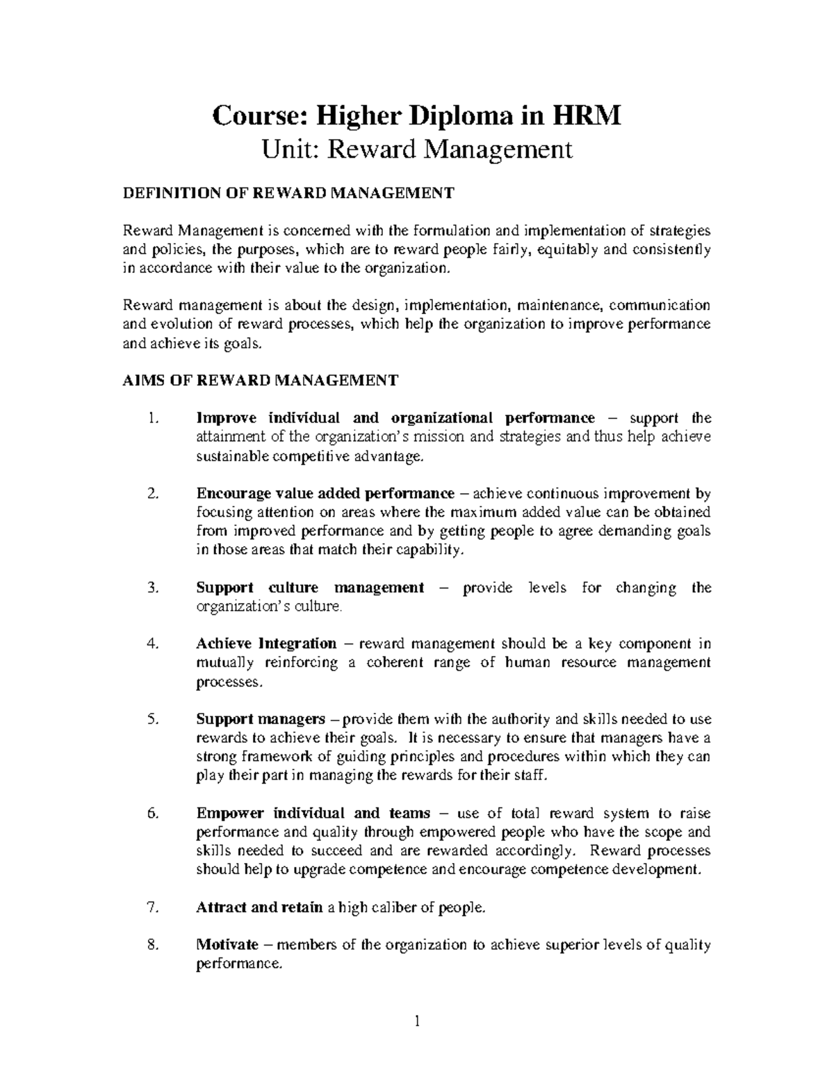 Human Resource Management - HD HRM Reward Management Notes - Studocu