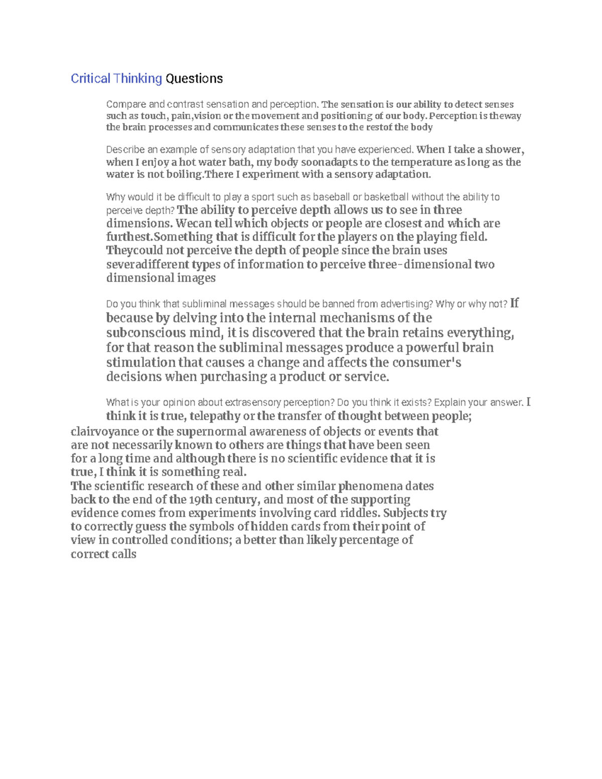 Unit 7 Critical Thinking Questions on Sensation and Perception - Studocu