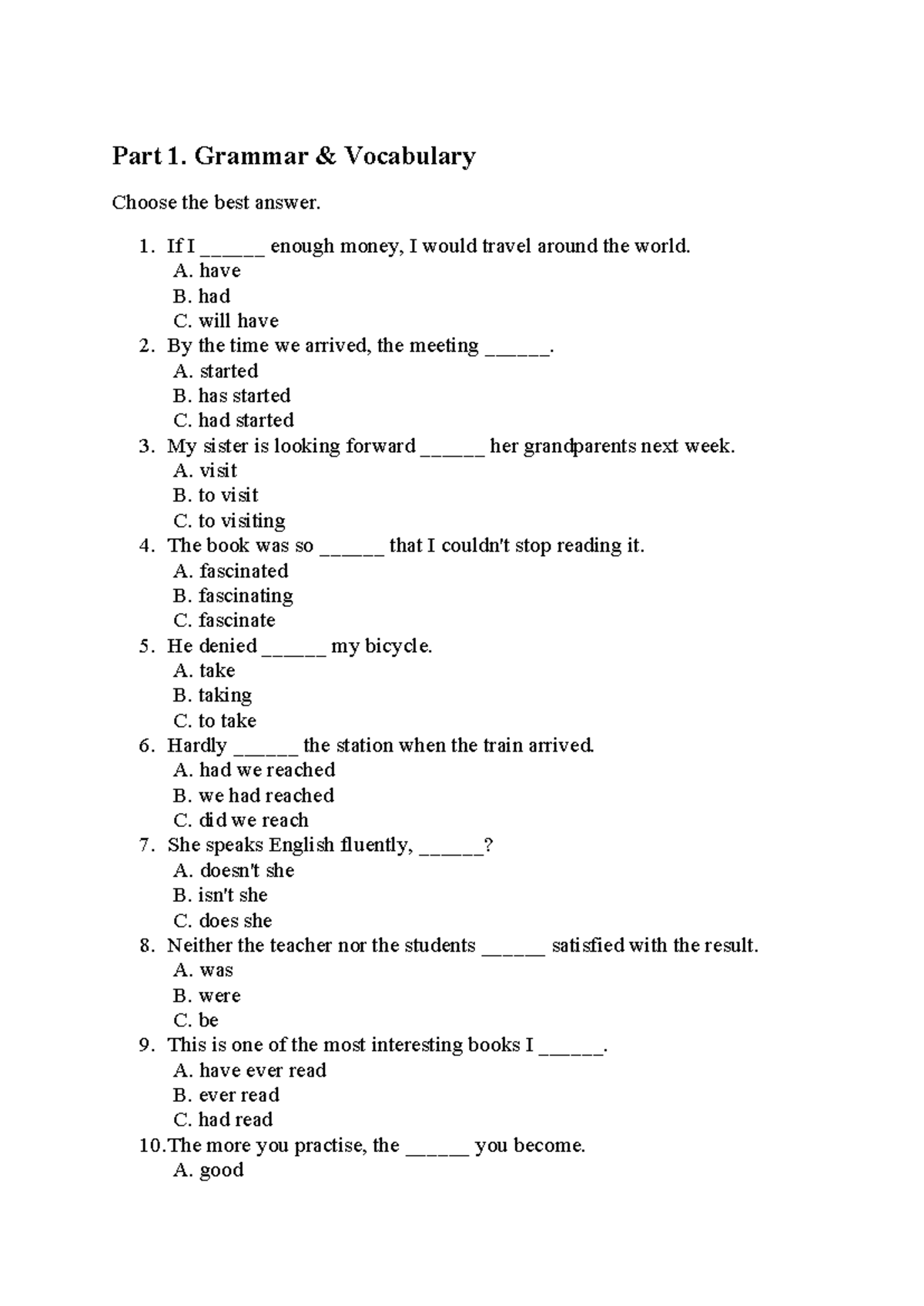 Grammar and Reading Practice - Part 1 & 2 (Course Code: 23456) - Studocu