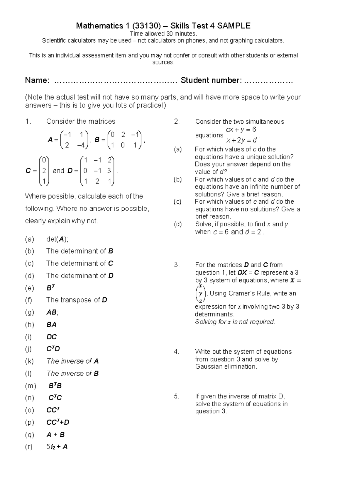 33130 Skills Test 4 Sample - Mathematics 1 (33130) – Skills Test 4 ...