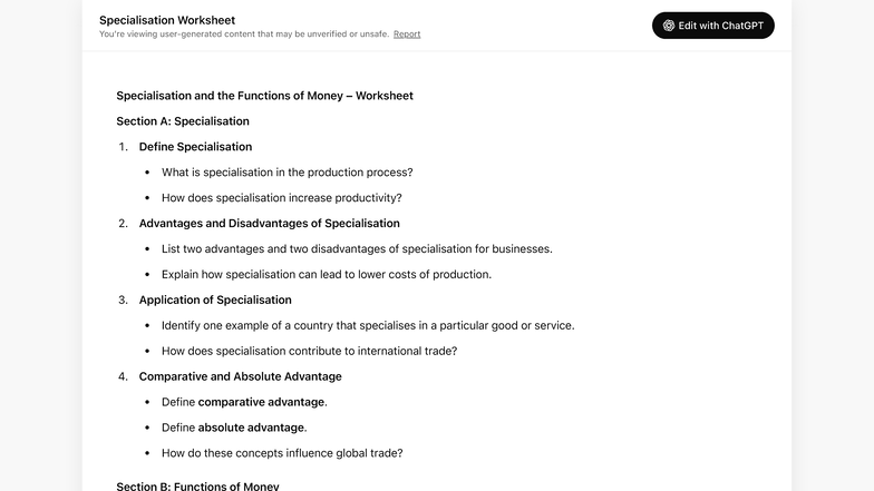 ECO 101 - Specialisation & Functions of Money Worksheet - Studocu