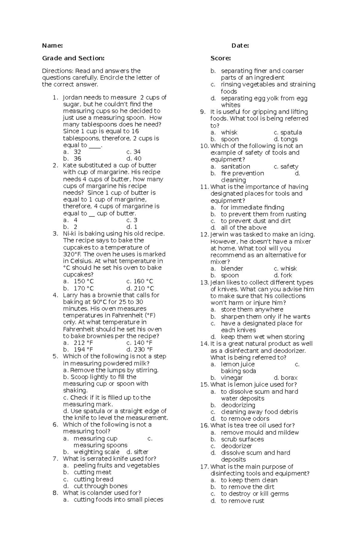 TQs - tqs - Name: Date: Grade and Section: Score: Directions: Read and ...