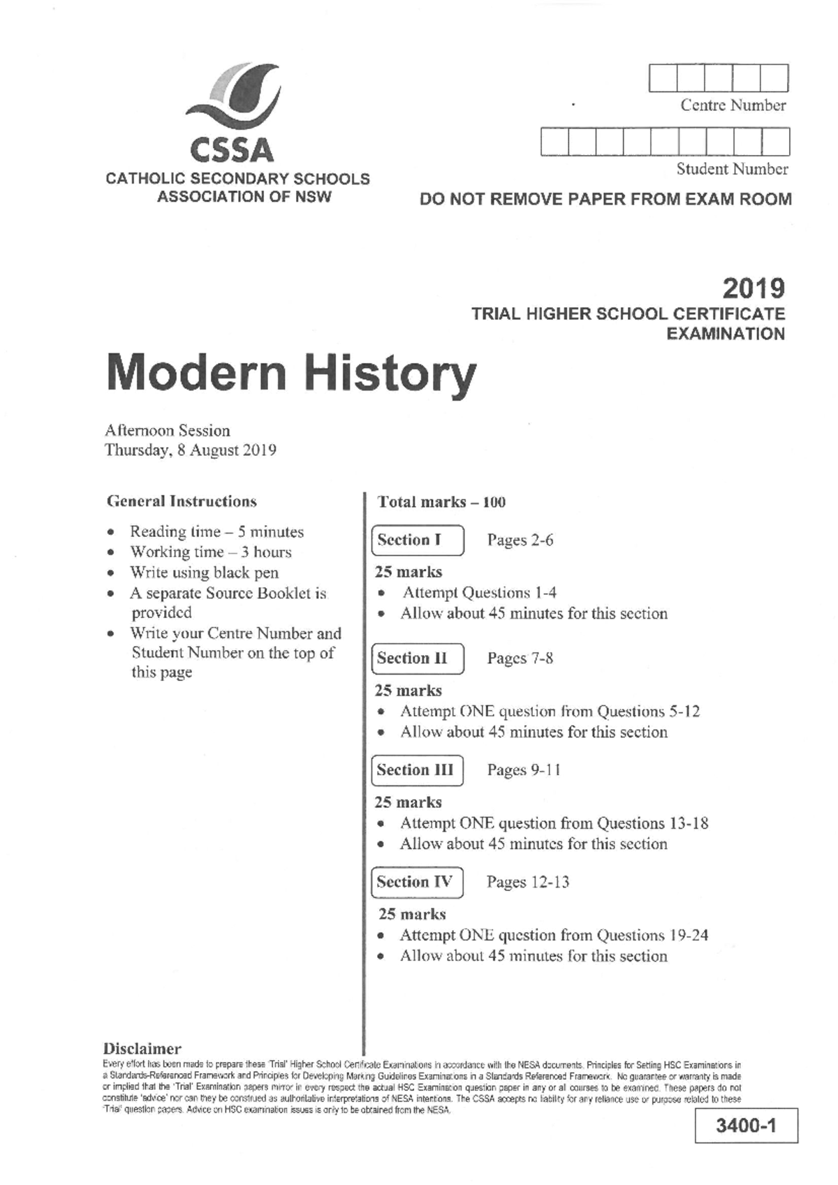 2019 CSSA Trial HSC Exam: Modern History Paper Overview - Studocu