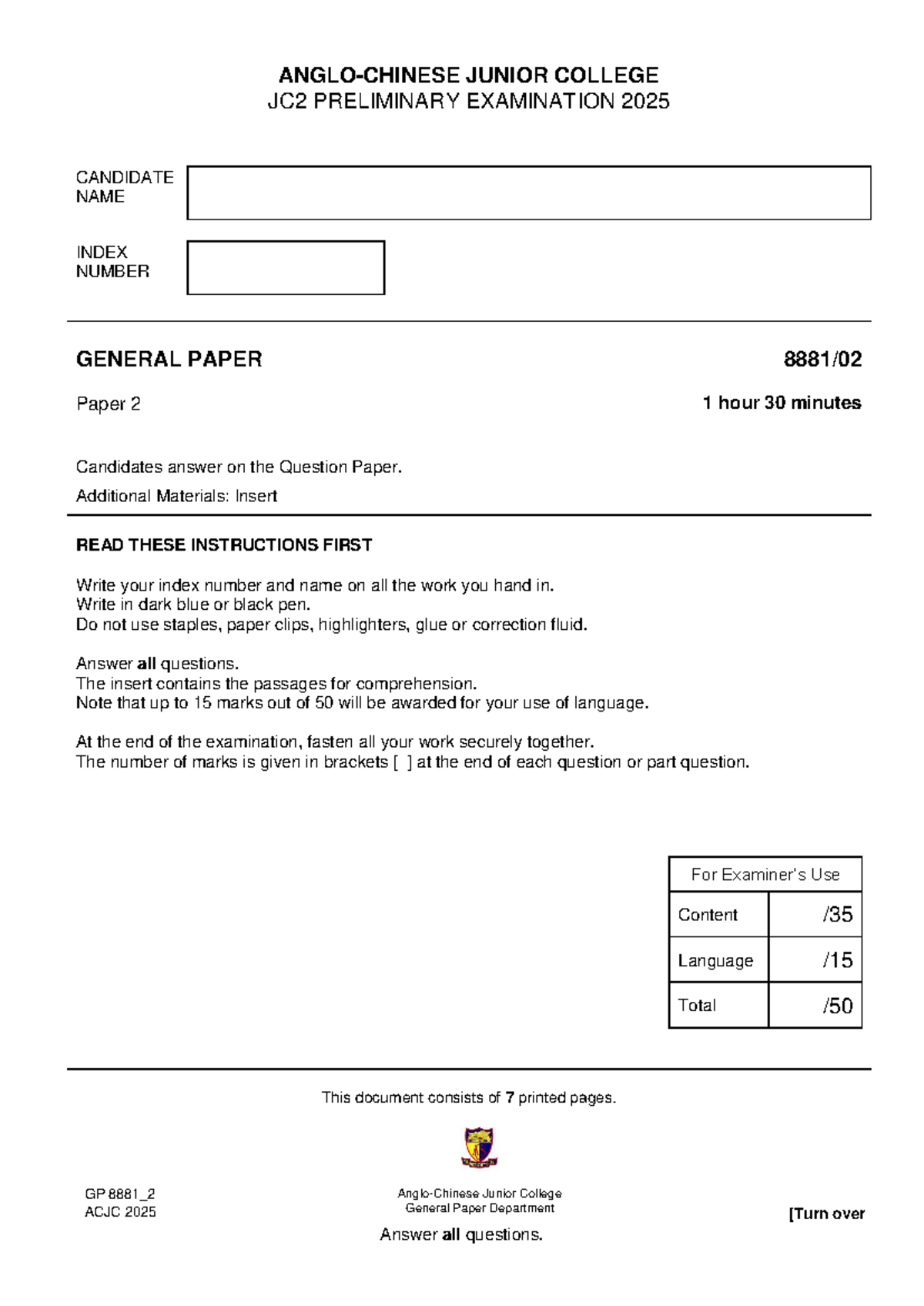 ACJC GP P2 QP 2025 Junior College General Paper Preliminary Exam - Studocu