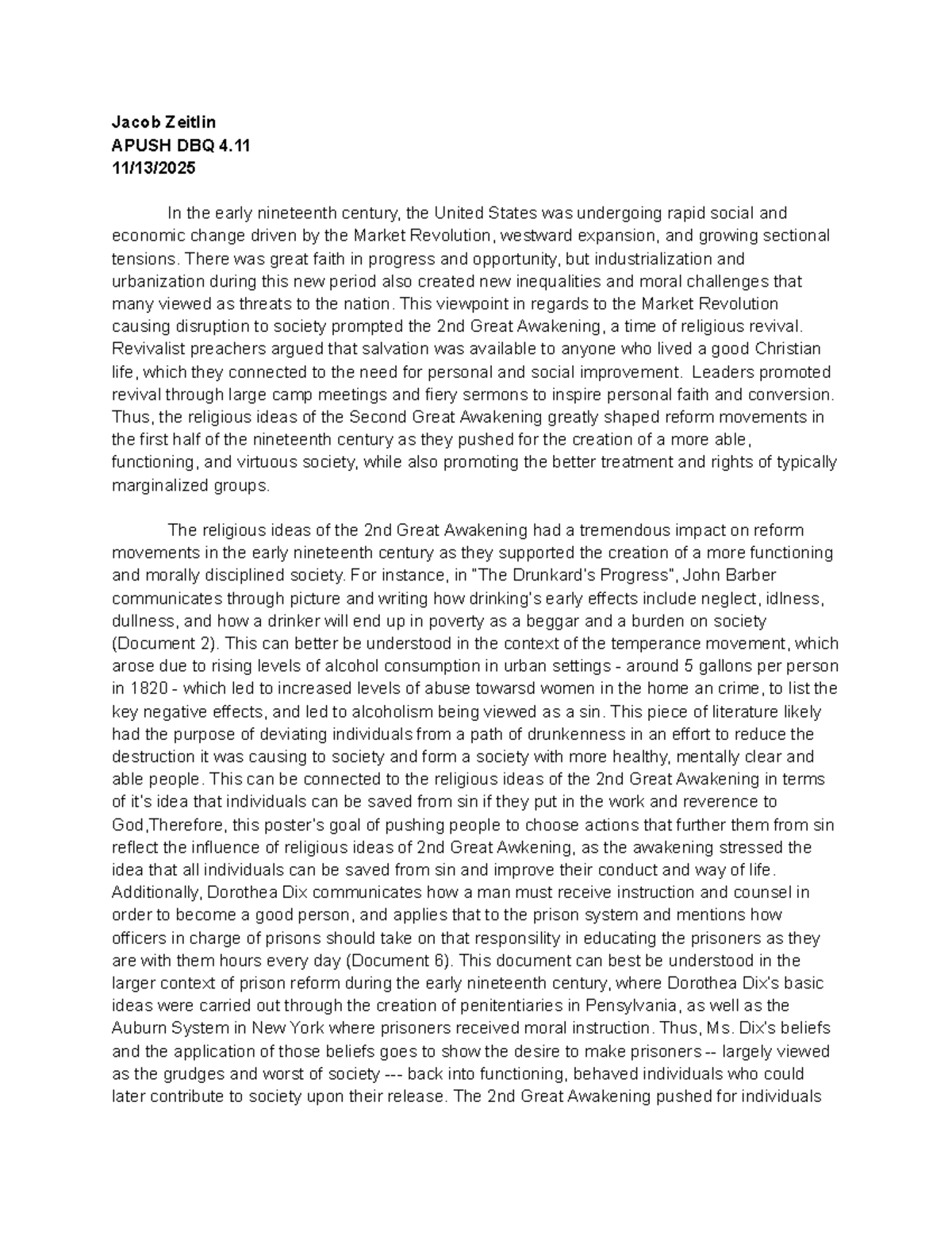 Jacob Zeitlin APUSH DBQ 4.11: Impact of the 2nd Great Awakening - Studocu