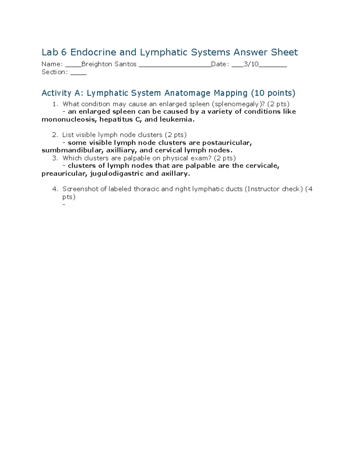 Lab 6: Endocrine & Lymphatic Systems Answer Sheet - Studocu