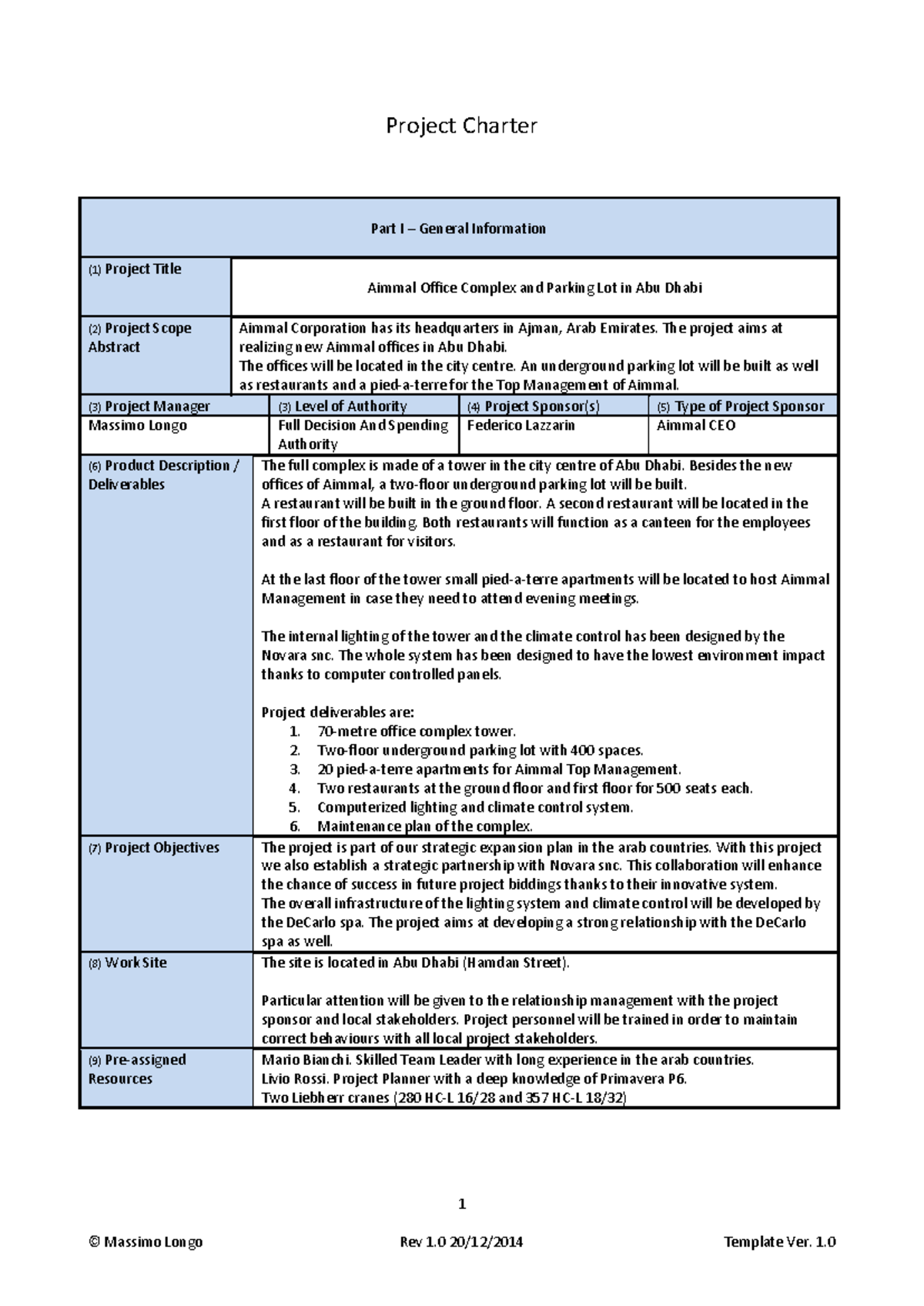 Project Charter Sample Construction - Project Charter Part I – General ...