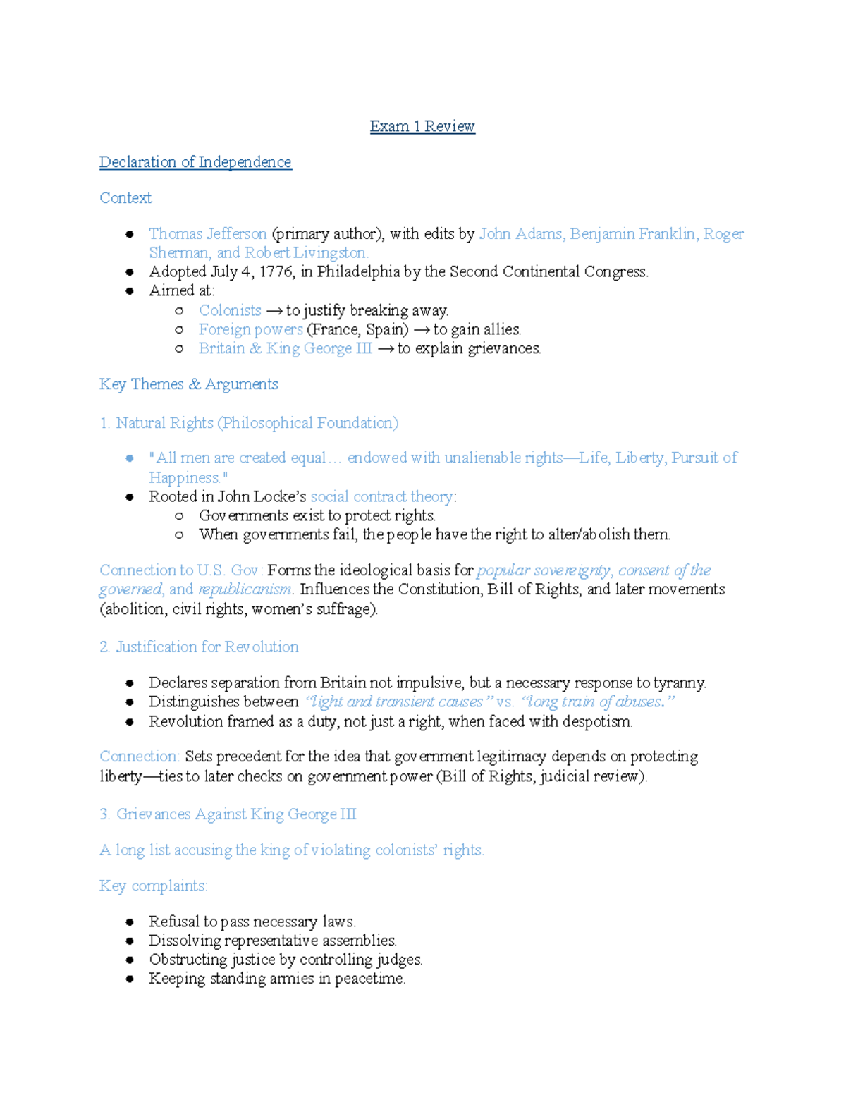 Exam 1 Review: Key Concepts & Founding Documents in U.S. History - Studocu