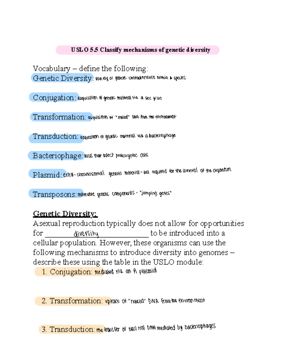 Microbiology - USLO 5 Classify mechanisms of genetic diversity ...