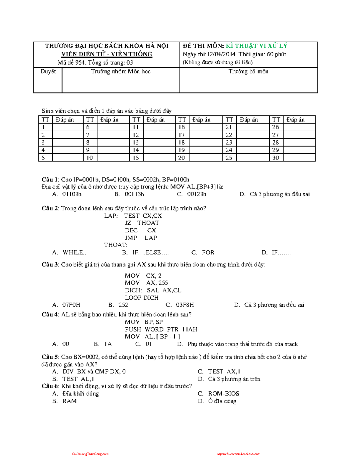 ĐỀ THI KỸ THUẬT VI XỬ LÝ VXL1 - Mã đề 954, 165, K47, K48, K49, K50 - Studocu