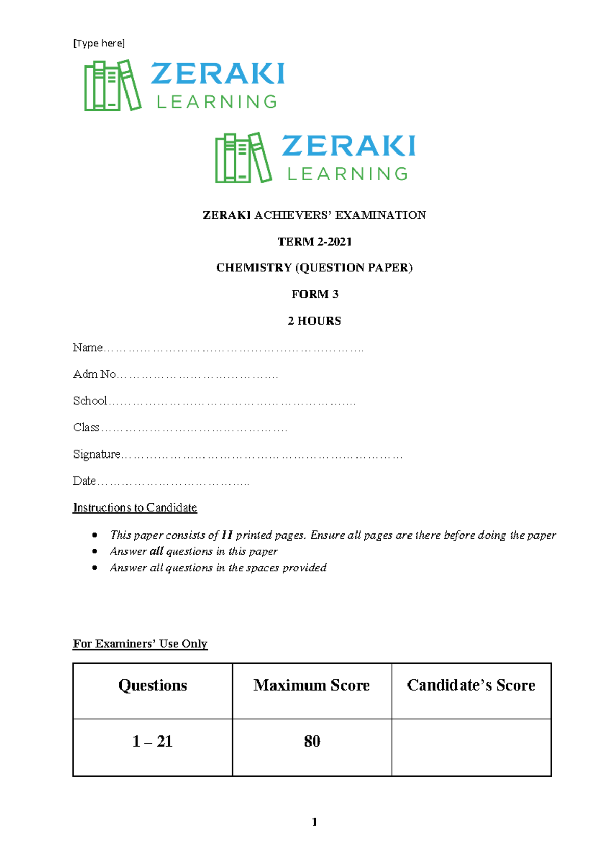 Chemistry Form 3 - Zeraki Achievers Term 2 Exam Question Paper - Studocu