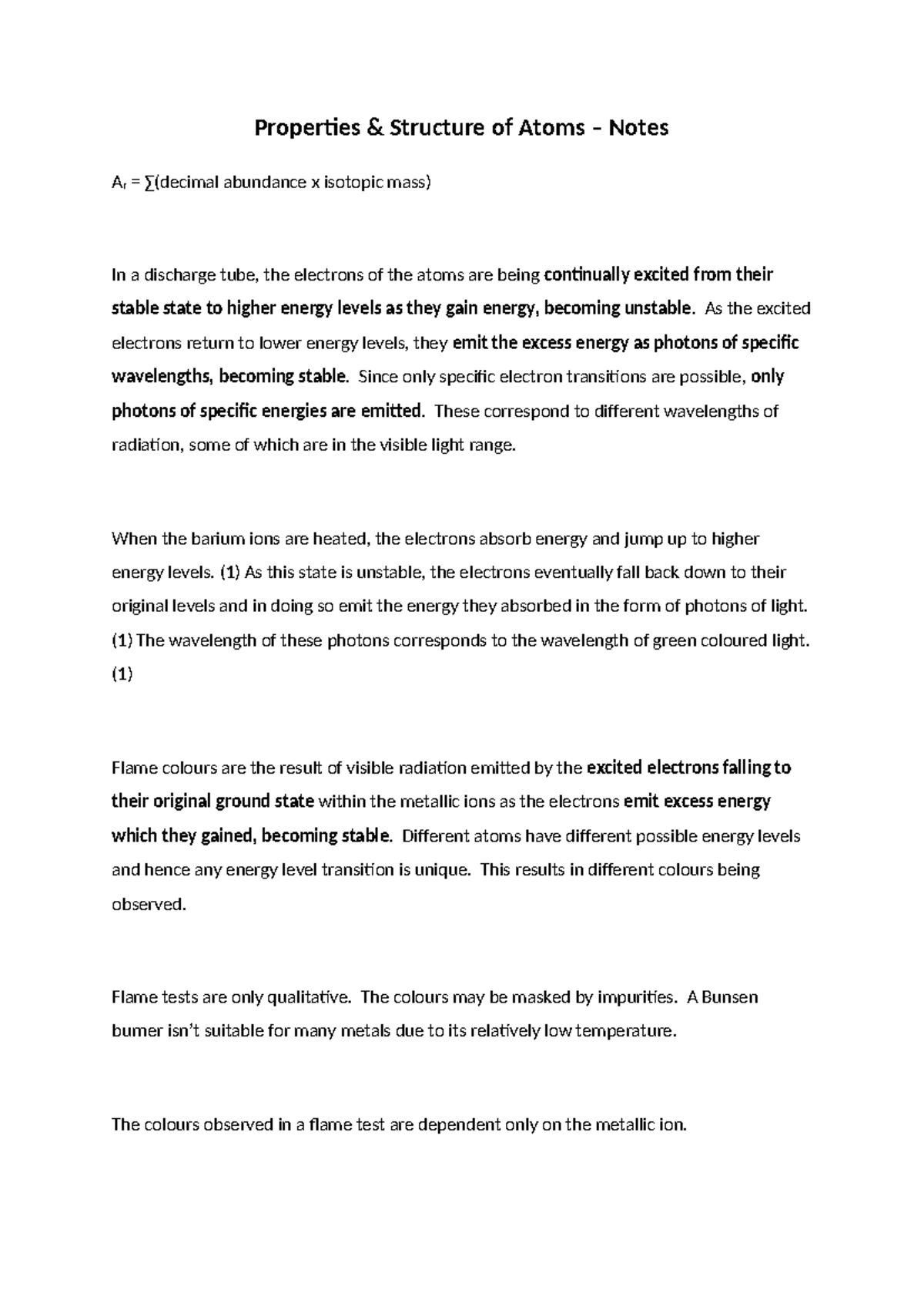 Properties and Structure of Atoms - Notes (Chem 101) - Studocu