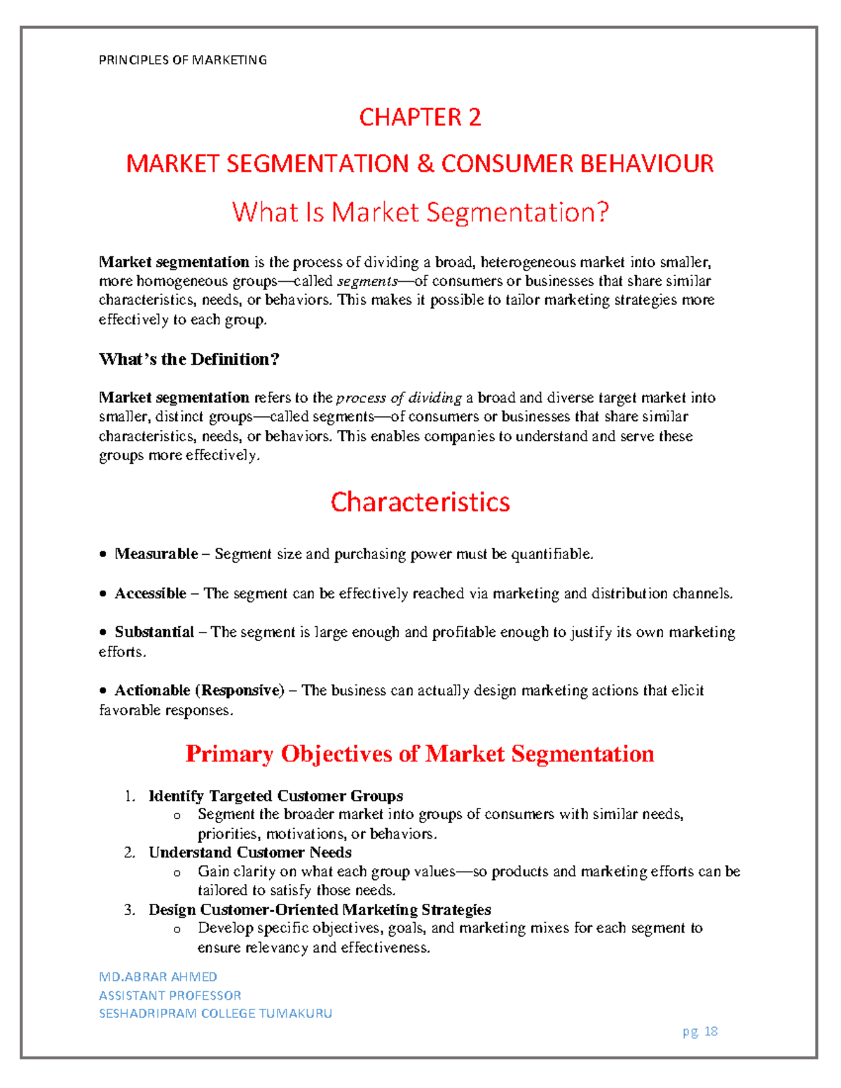 PRINCIPLES OF MARKETING CHAPTER 2: MARKET SEGMENTATION & CONSUMER ...
