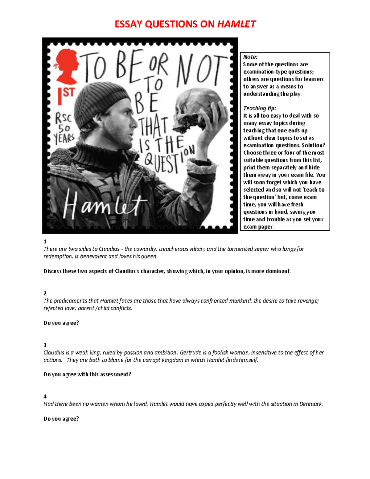Essay Questions on Hamlet - A Comprehensive Study Guide - Studocu