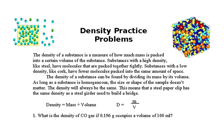 Density Practice Problems: Calculating Mass and Volume - Studocu