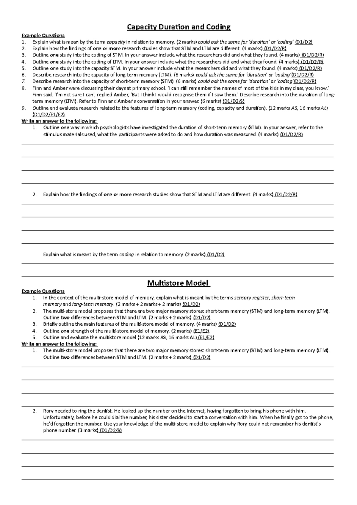 Memory Exam Question Practice Sheets (D1/D2) - Studocu