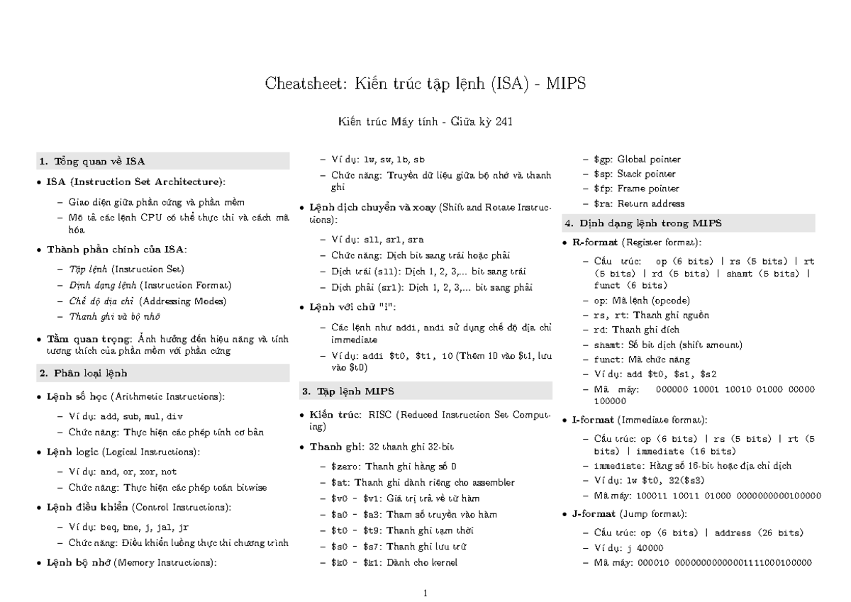 C2: Cheatsheet Kiến trúc Tập lệnh MIPS Giữa kỳ 241 - Studocu