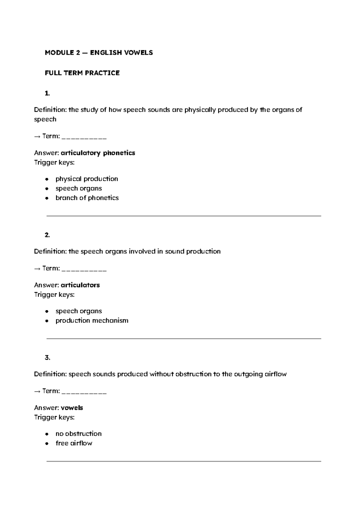 MODULE 2 & 3 ENGLISH VOWELS & CONSONANTS FULL TERM PRACTICE - Studocu