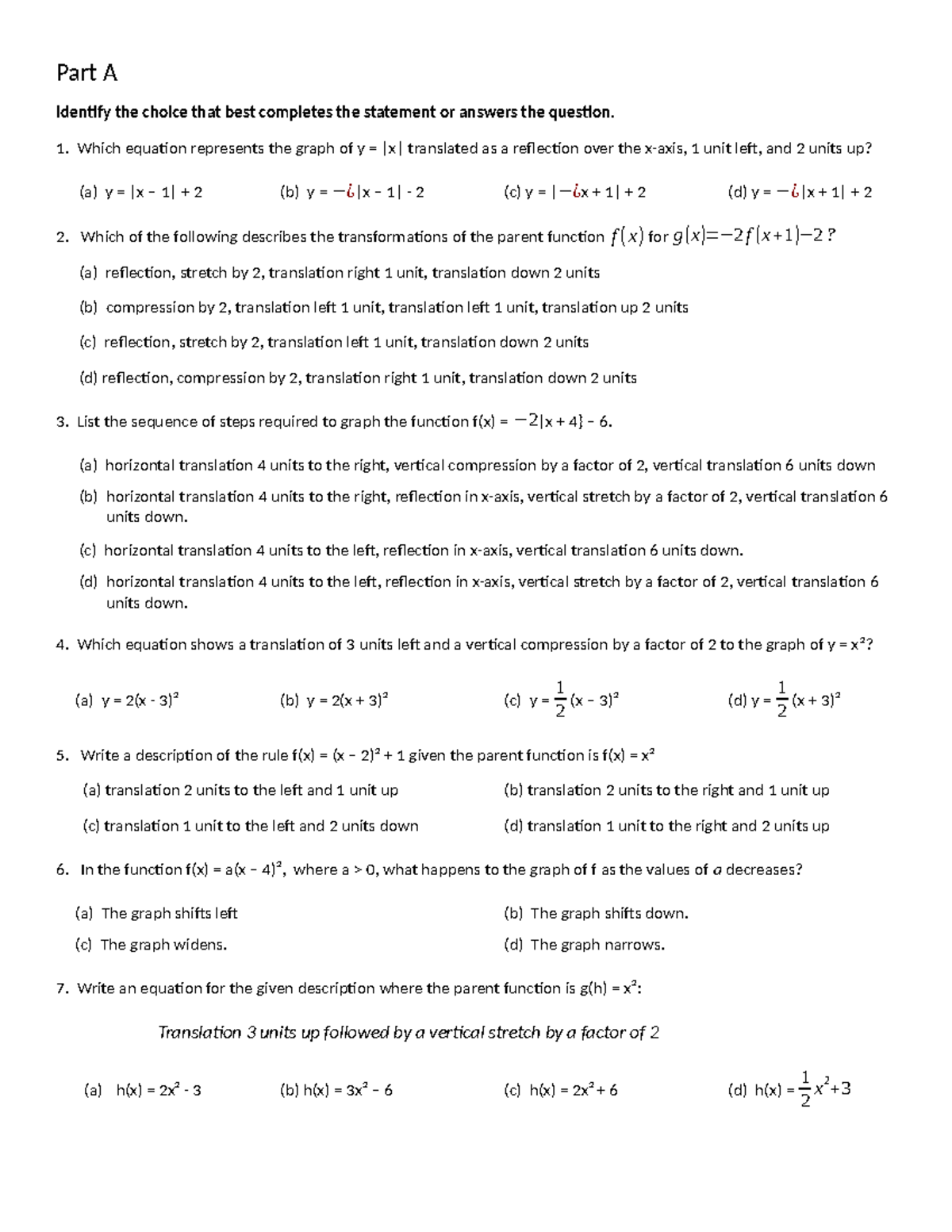 Midterm Review for Algebra 2 Honors (2024) - Transformation Concepts ...