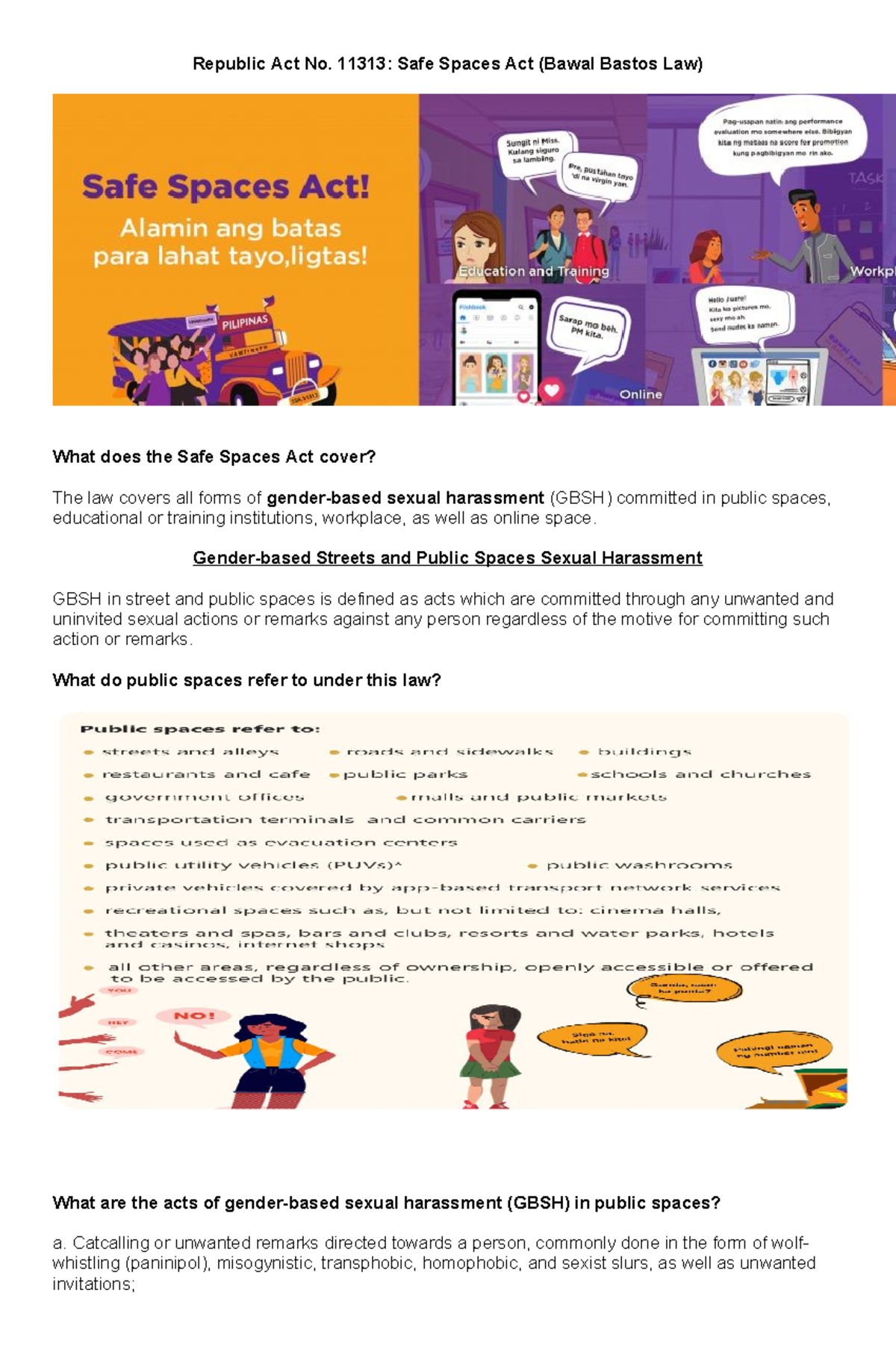 SPL RA 11313: Overview of the Safe Spaces Act (Bawal Bastos Law) - Studocu