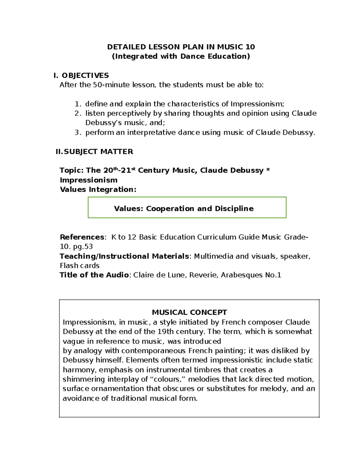 Detailed Lesson Plan in Music - DETAILED LESSON PLAN IN MUSIC 10 ...