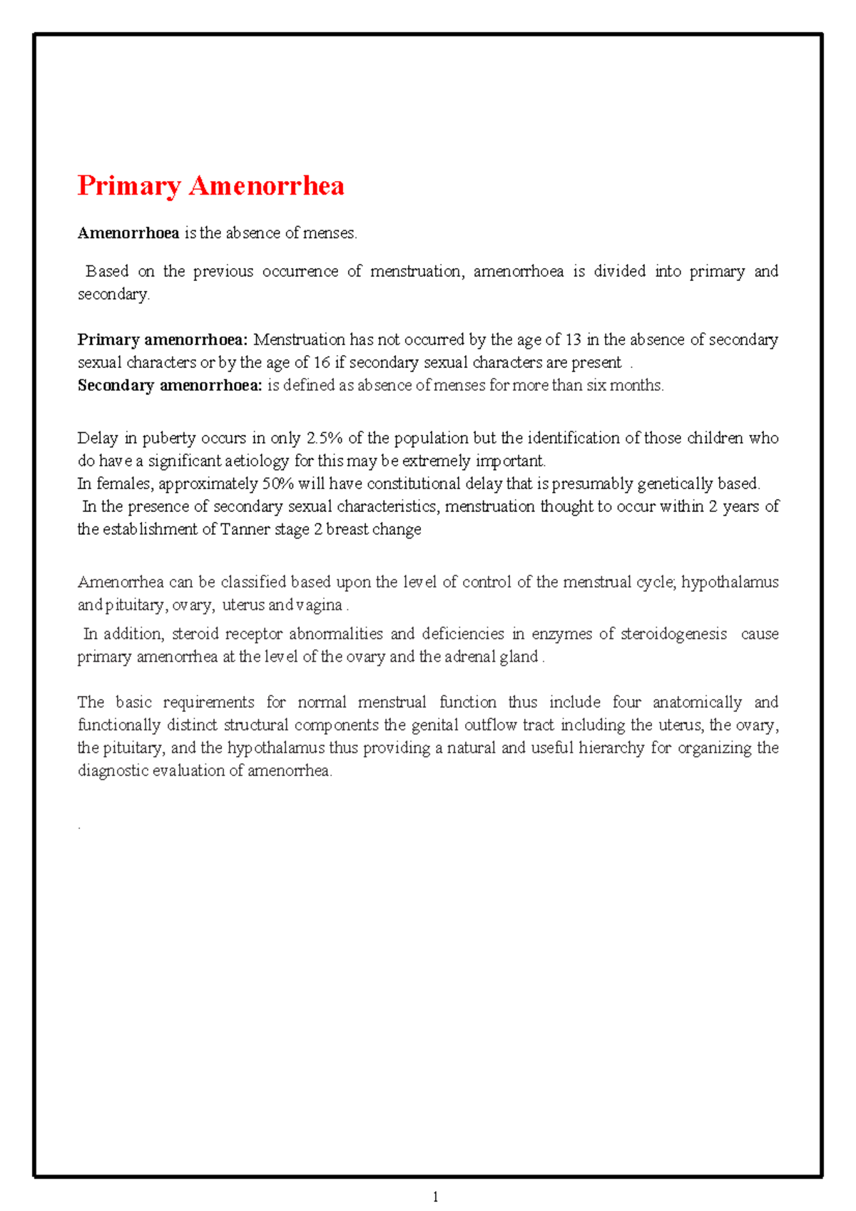 Primary Amenorrhea: Causes, Classification, and Management - Studocu