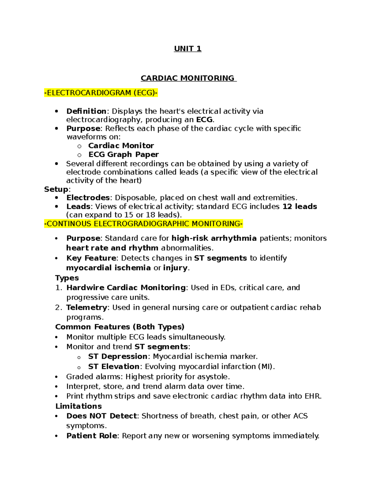 UNIT 1 Notes - UNIT 1 CARDIAC MONITORING -ELECTROCARDIOGRAM (ECG ...