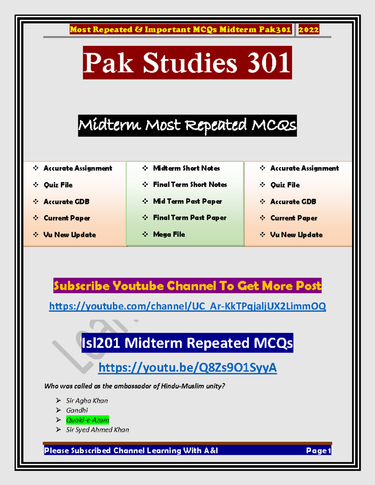 Pak301-Midterm-Repeated MCQs with Key Questions and Answers - Studocu