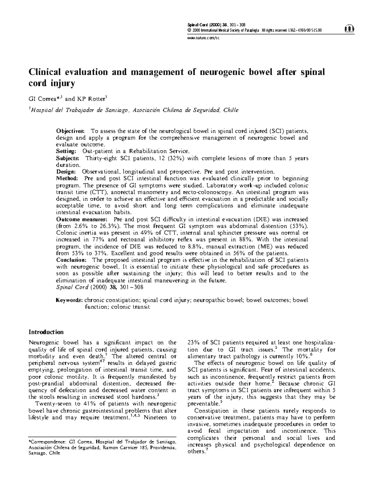 Clinical Evaluation and Management of Neurogenic Bowel in SCI (38, 301 ...