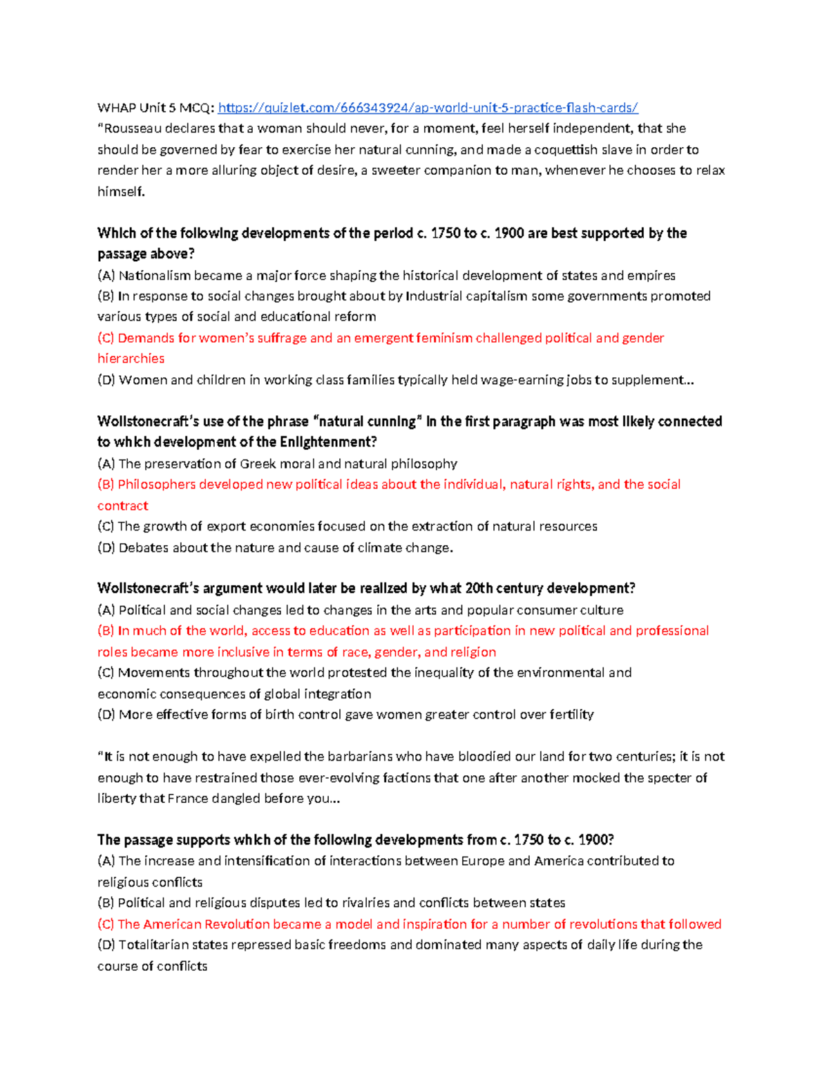 WHAP Unit 5 MCQ: key developments from c. 1750 to c. 1900 - Studocu