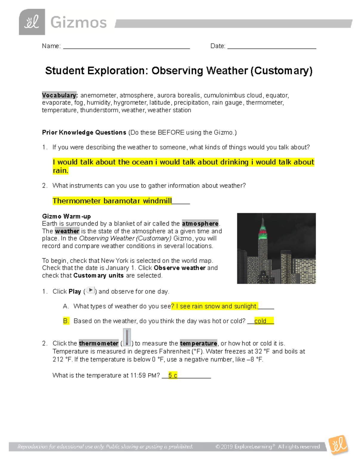 Observing Weather CSE - its a gizmo - Name: Date: Student Exploration: Observing Weather ...