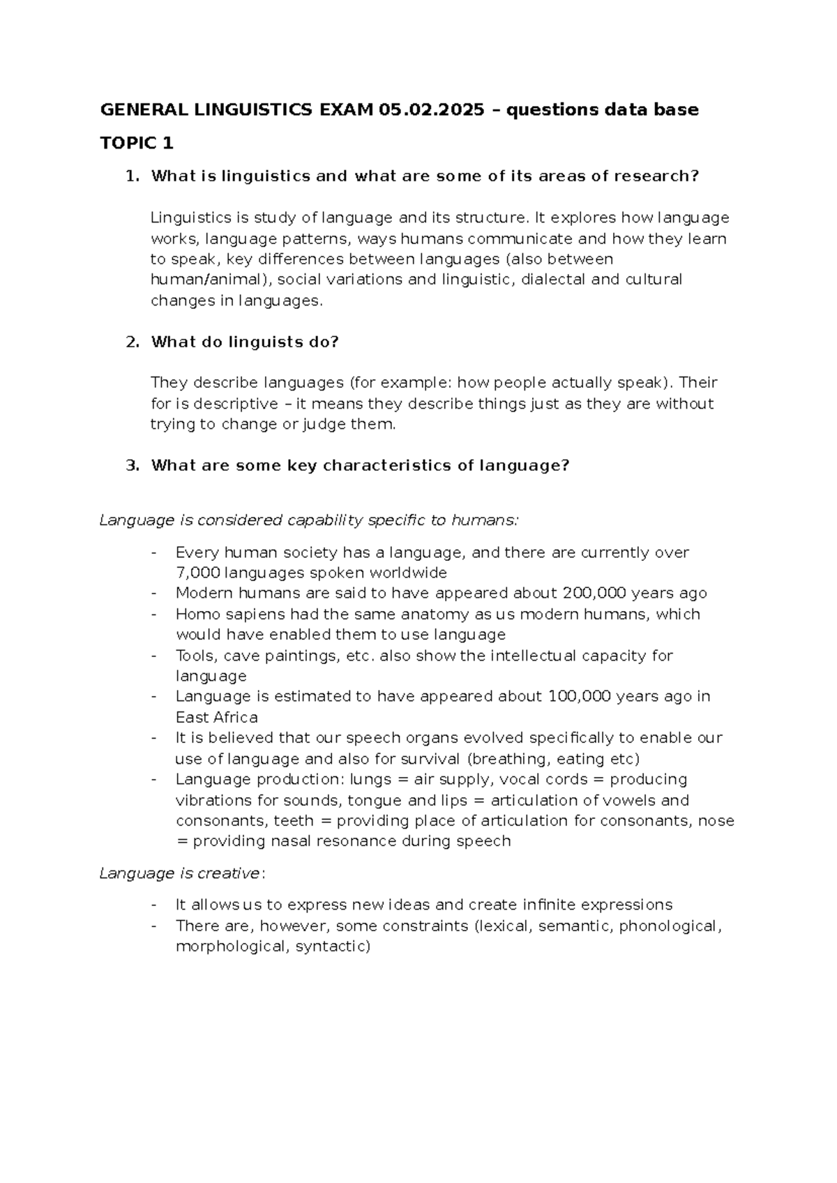 Introduction to Linguistics - General Linguistics Exam Questions (Topic ...