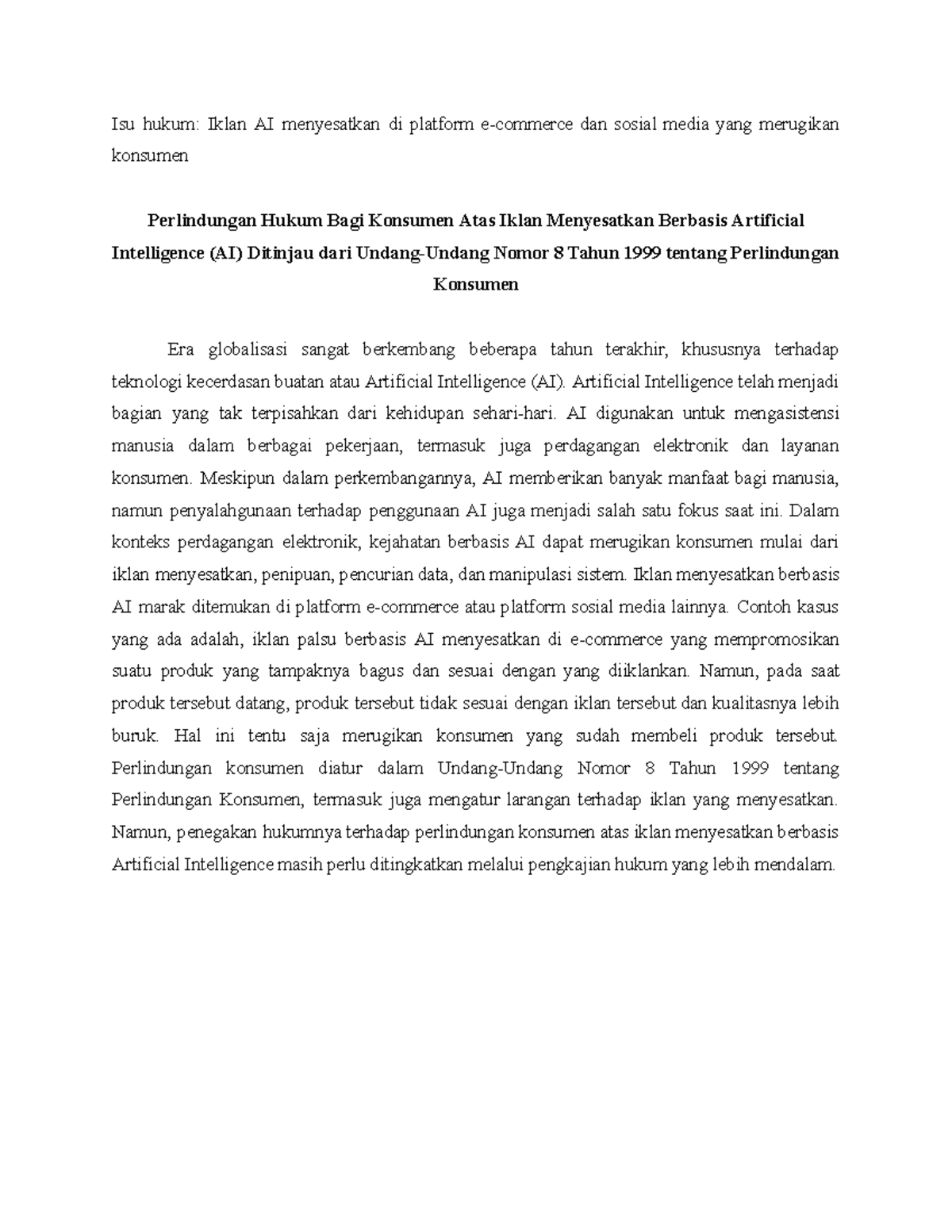 Perlindungan Hukum Konsumen Terhadap Iklan Menyesatkan AI - Tugas ...