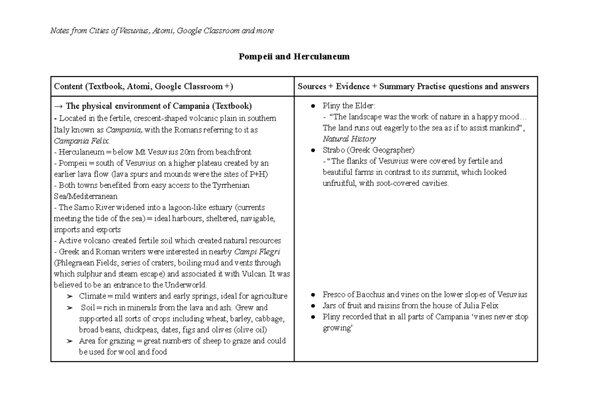 Pompeii and Herculaneum: Comprehensive Study Notes (Atomi) - Studocu