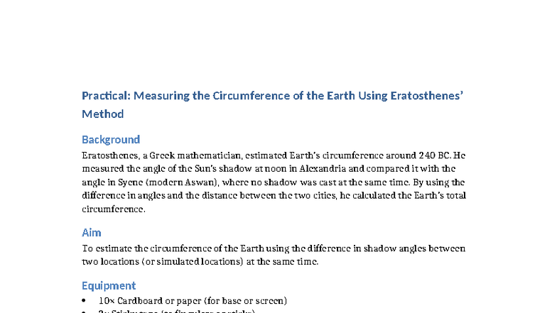 Practical: Measuring Earth's Circumference Using Eratosthenes Method ...