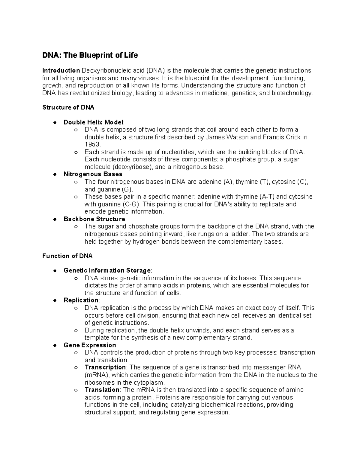 DNA: The Blueprint of Life - A Comprehensive Overview - Studocu