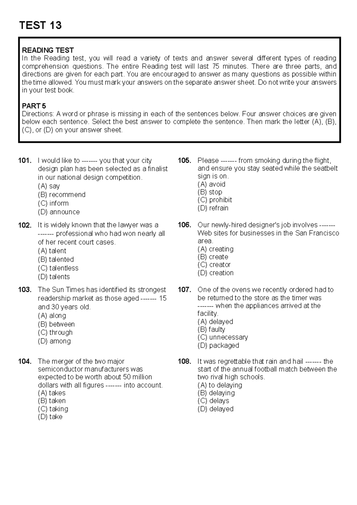 TEST 13 - TOEIC Reading Comprehension Exam Guide - Studocu