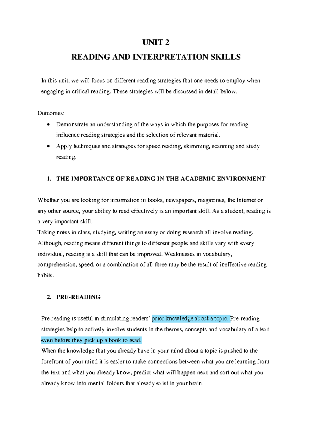 UNIT 2: Reading Strategies for Critical Interpretation Skills - Studocu