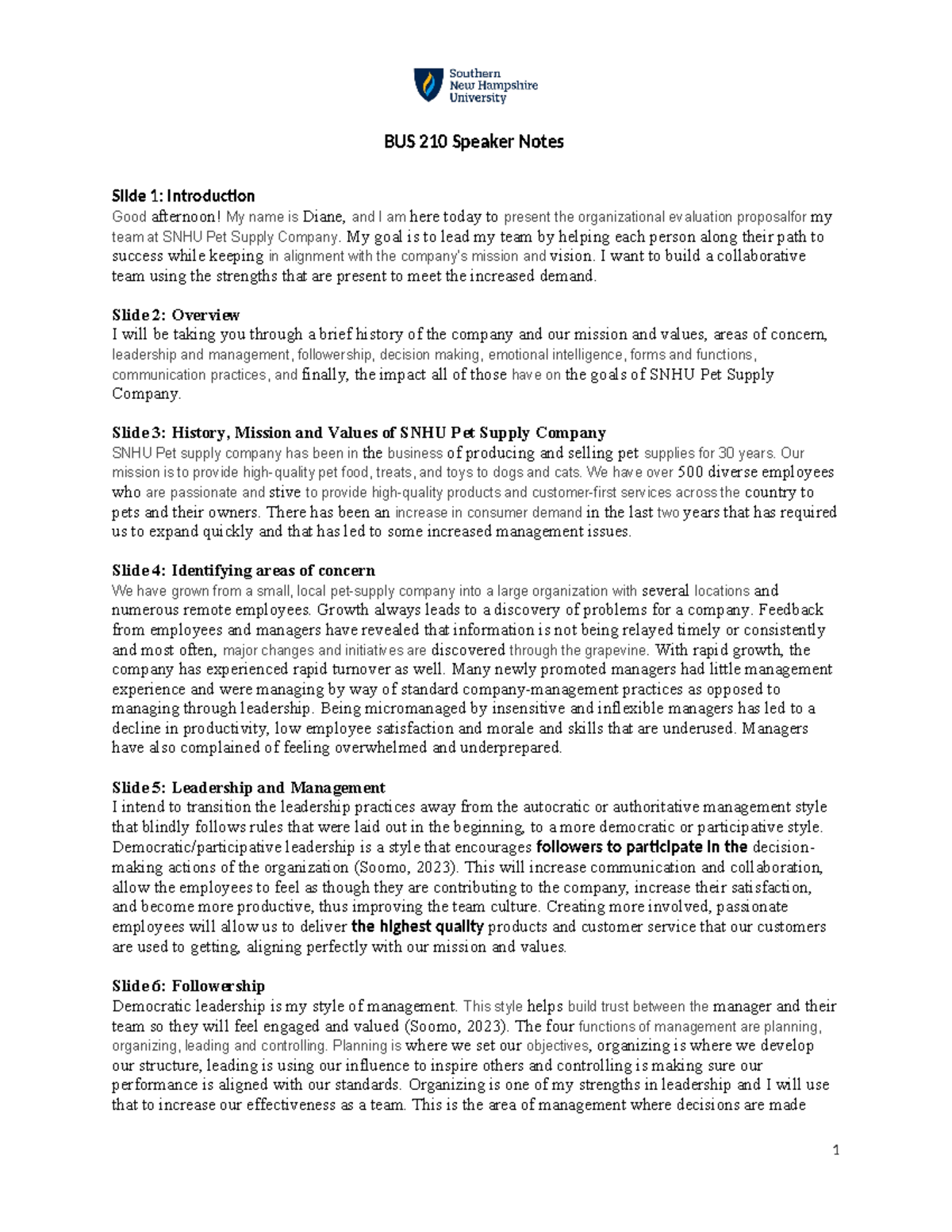 BUS 210 Project 7: Organizational Evaluation Speaker Notes - Studocu