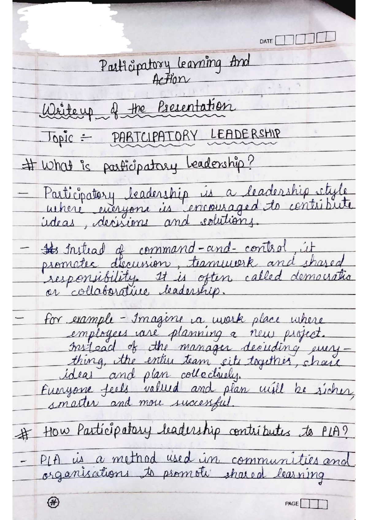 DATE: Participatory Leadership in PLA - Presentation Write-Up - Studocu